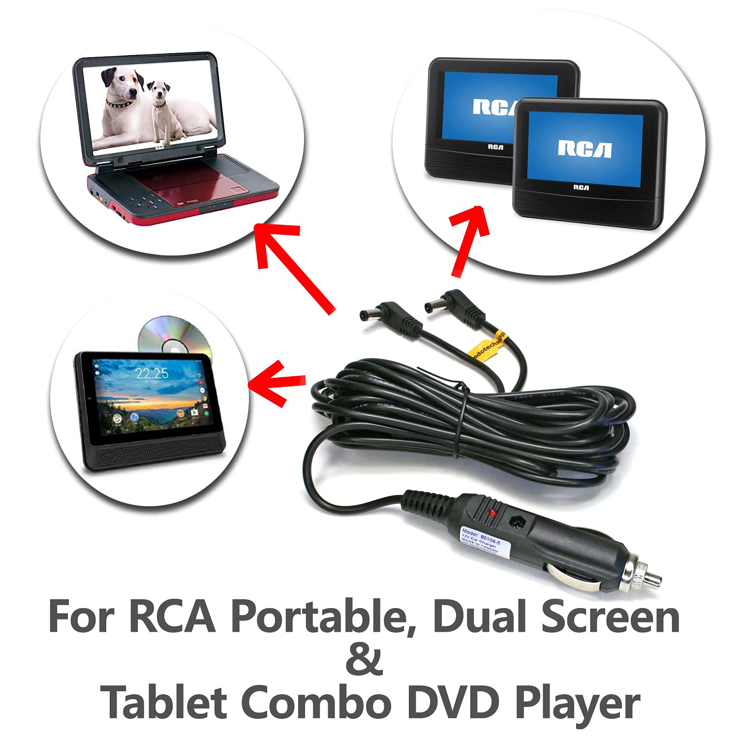 EDO Tech 11 ft Car Charger Power Cord for RCA Single Dual Screen Vehicle Portable DVD Player