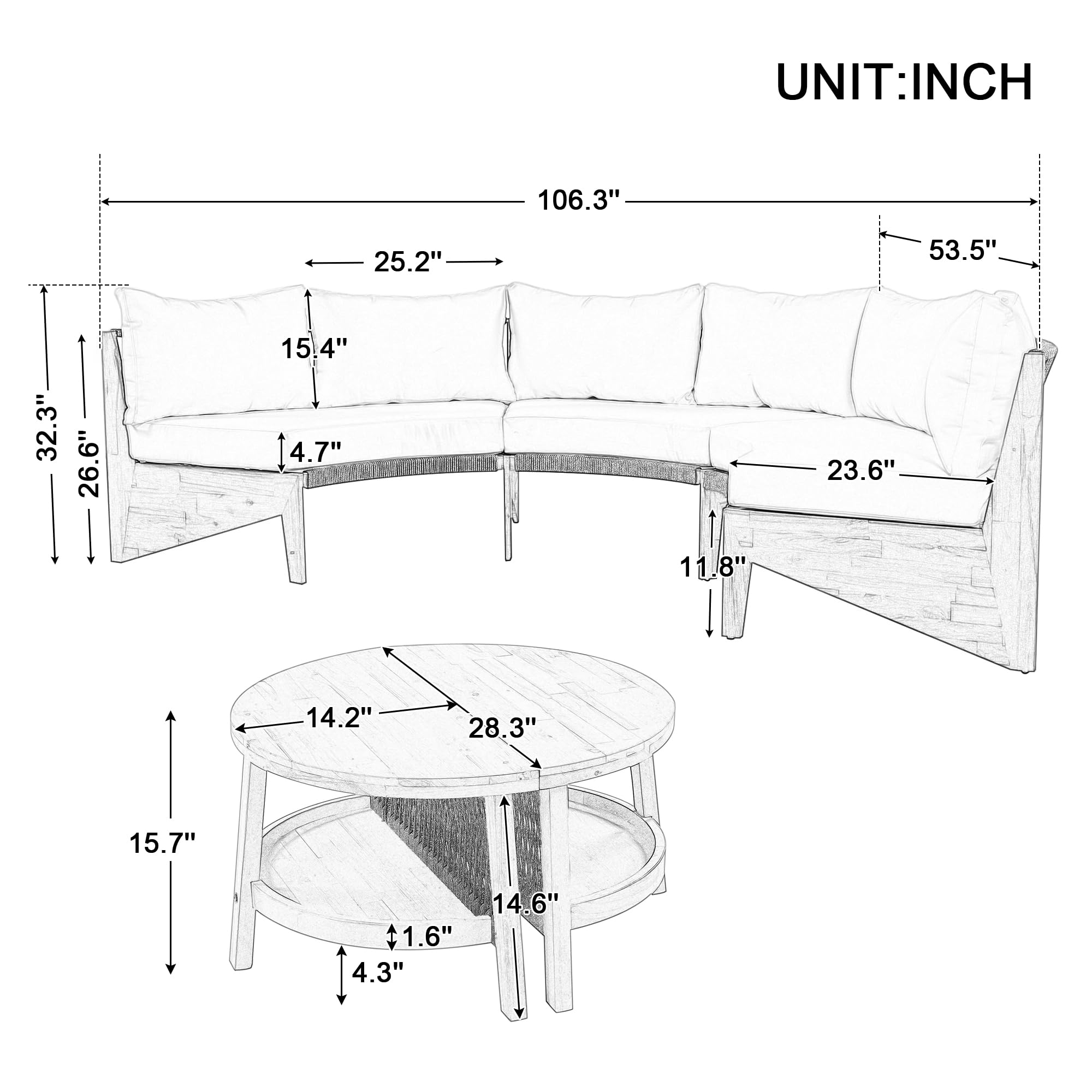 6-Person Outdoor Seating Group with Coffee Table, Half Moon Patio Sectional Sofa Set, All Weather Conversation Sofa Set with Acacia Wood Frame and Thick Cushions for Backyard Poolside (Beige+Acacia)