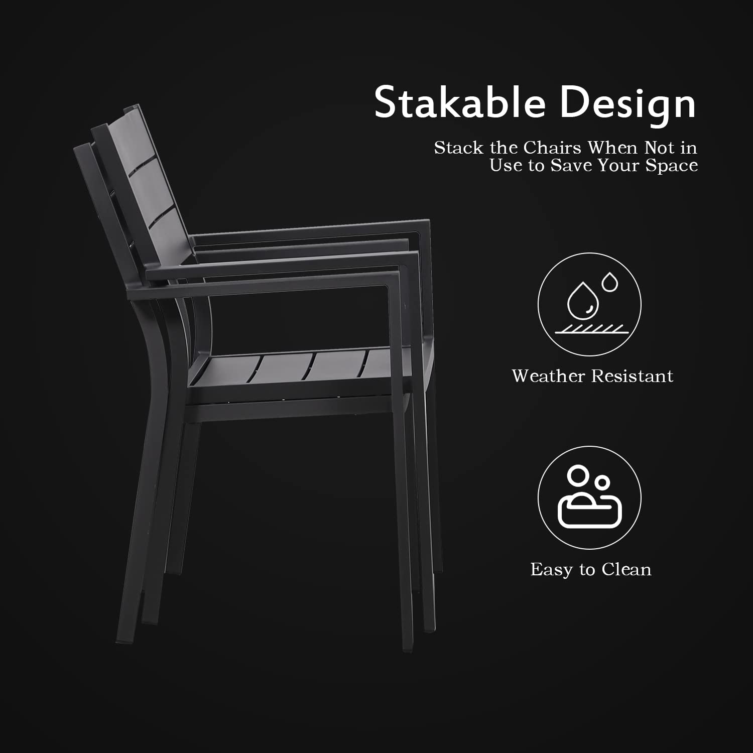 Dining Chair Set of 4, Modern Aluminum Stackable Chairs Patio Dining Chair Coated Weather-Resistant Armchair 350LBS Weight Capacity for Backyard Deck Lawn Garden Black