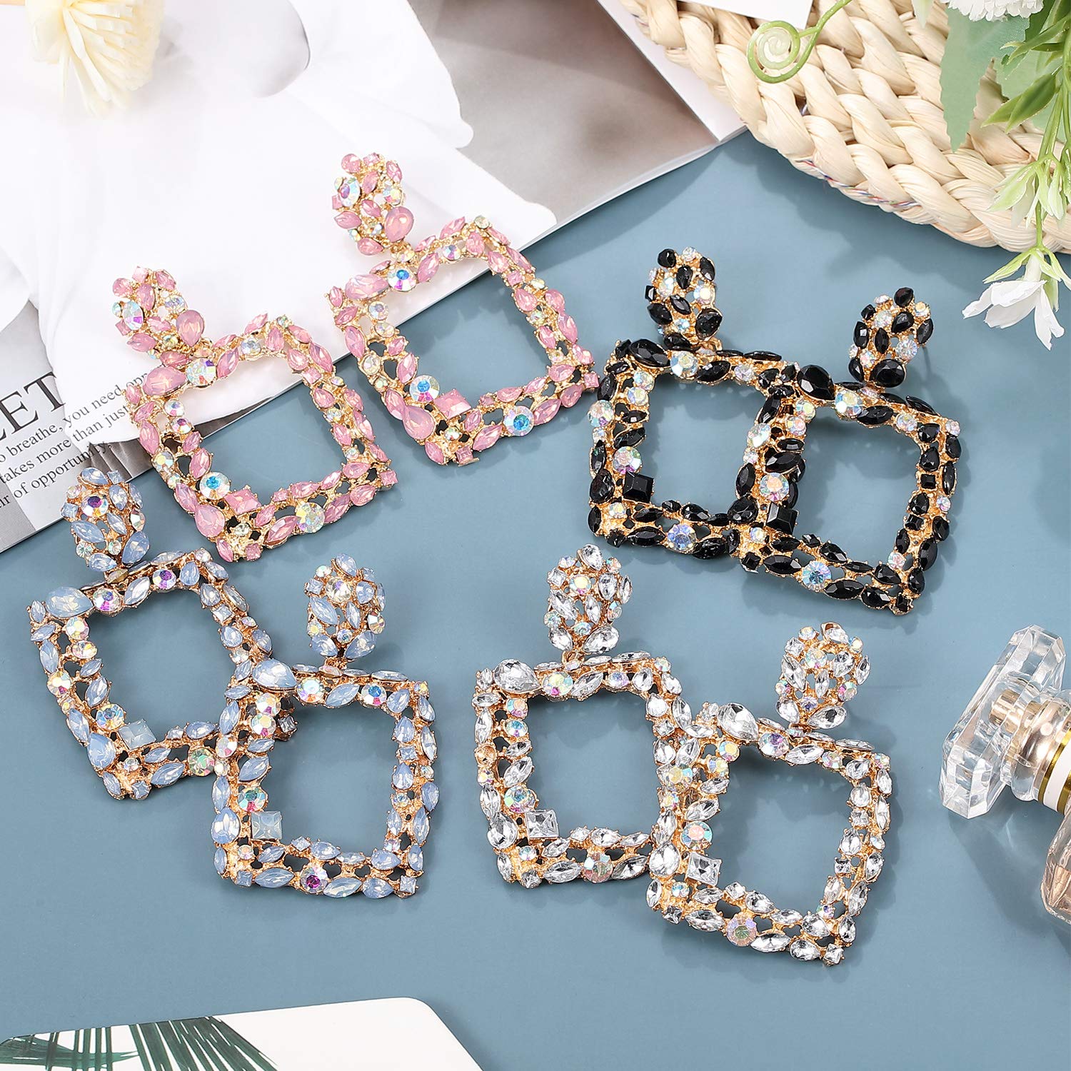 4 Pairs Rhinestone Crystal Dangle Earrings Rectangle Geometric Statement Earrings Rhinestone Drop Earrings Jewelry for Women