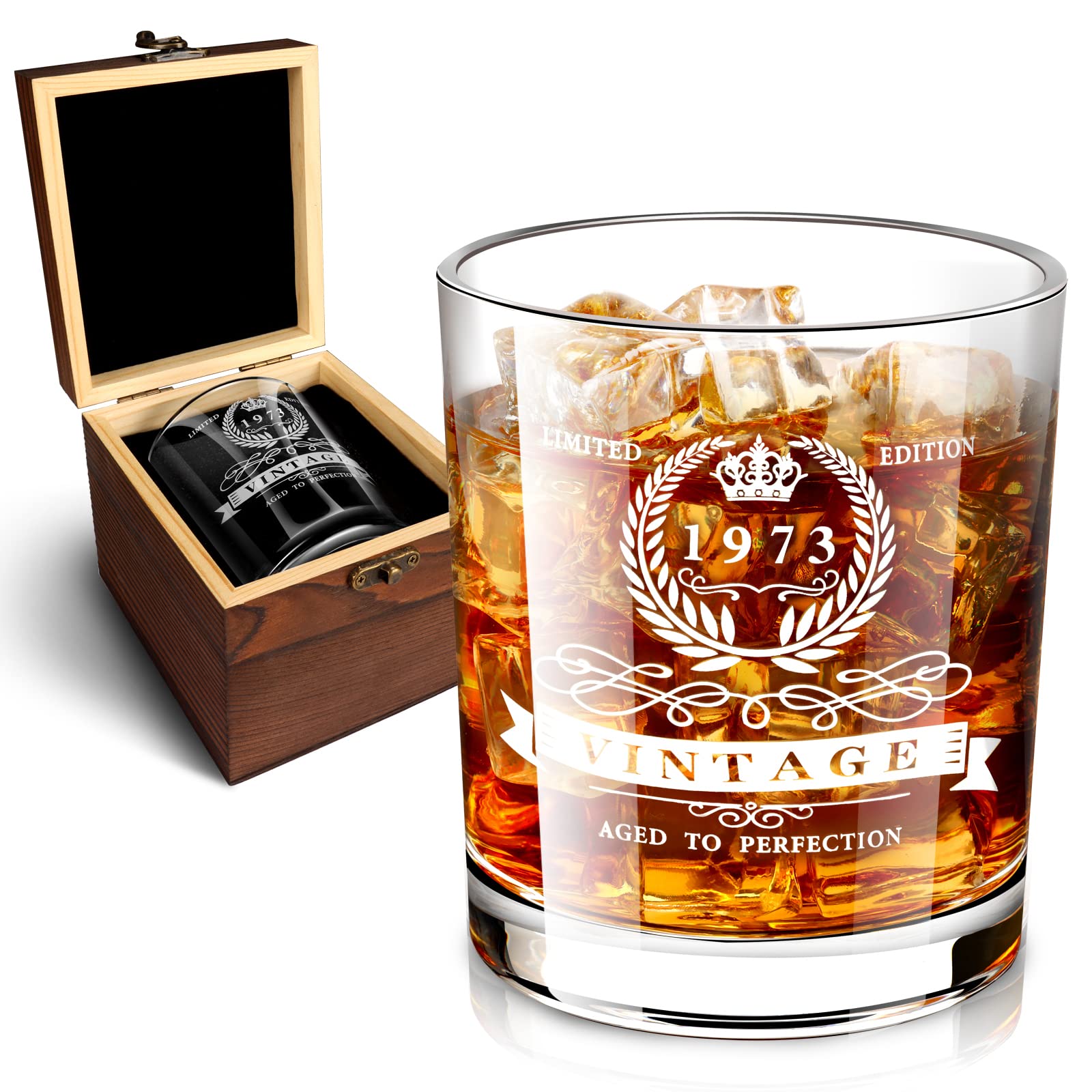 50th Birthday Gifts for Men, 1973 Whiskey Glass in Valued Wooden Box, Vintage Anniversary Etched 12oz Whiskey Rocks Glass for Dad, Husband, Friend, 50th Birthday Decorations for Men