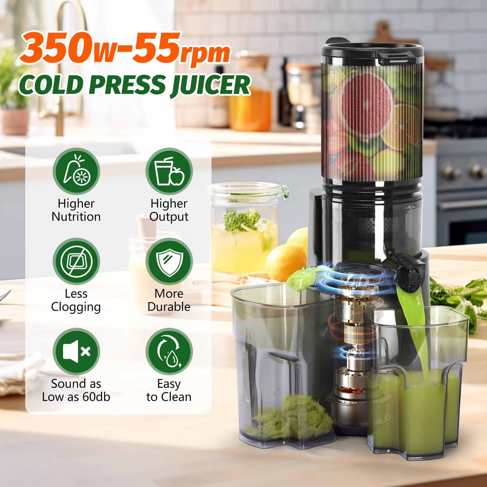 LQZ Cold Press Juicer,Slow Masticating Juicer Machines,350W Juice Extractor Machine,5.3" Large Bore Feed Chute Fit Whole Vegetables and Fruits,Easy to Clean Juicer(Black)