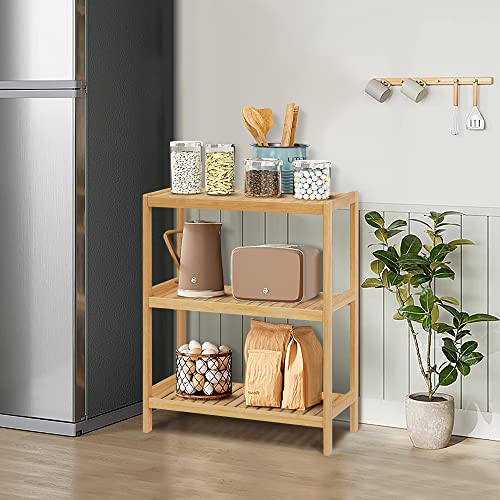 HLXZN 3 Tier Bamboo Shelf Storage Organizer Rack Toilet Utility Shelves Standing Shelf Units for Bathroom, Living Room, Kitchen