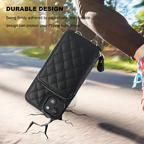 Bocasal Crossbody Wallet Case for iPhone 14, RFID Blocking PU Leather Zipper Handbag Purse Flip Cover, Kickstand Folio Case with Card Slots Holder Wrist Strap Lanyard 5G 6.1 Inch (Black)