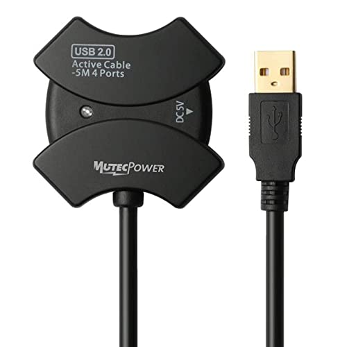 MutecPower 16.5 ft (5m) USB 2.0 Active Extension Cable with 4-Port USB Hub and extention chipset - USB Male to Female Cord/Repeater Cable 16.5 Feet Black