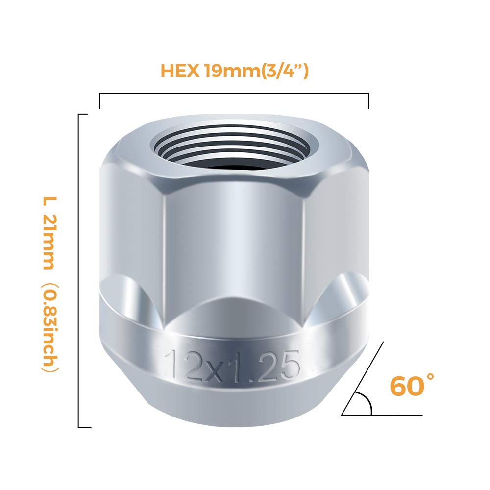 51 Wheel M12x1.25 Lug Nuts, 20PK 12X1.25 Open-End Lug Nuts 3/4" (19mm) Hex 0.83''(21mm) Height Cone Seat Zinc Finish Wheel Lug Nuts Set