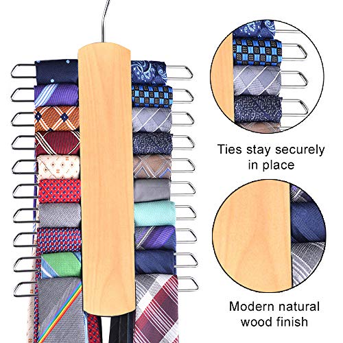 Umo Lorenzo Premium Wooden Necktie and Belt Hanger, Walnut Wood Center Organizer and Storage Rack with a Non-Slip Finish - 20 Hooks
