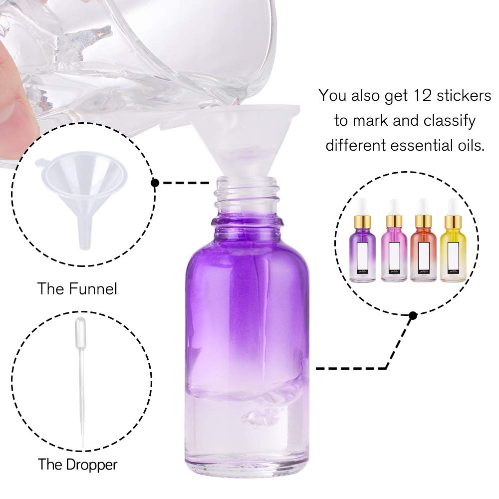 PrettyCare Eye Dropper Bottles 1oz (Rainbow Colored Glass Bottle 24 Pack 30ml with Golden Caps, 48 Labels, Funnel & Measured Pipettes) Empty Tincture Bottles for Essential Oils, Perfume