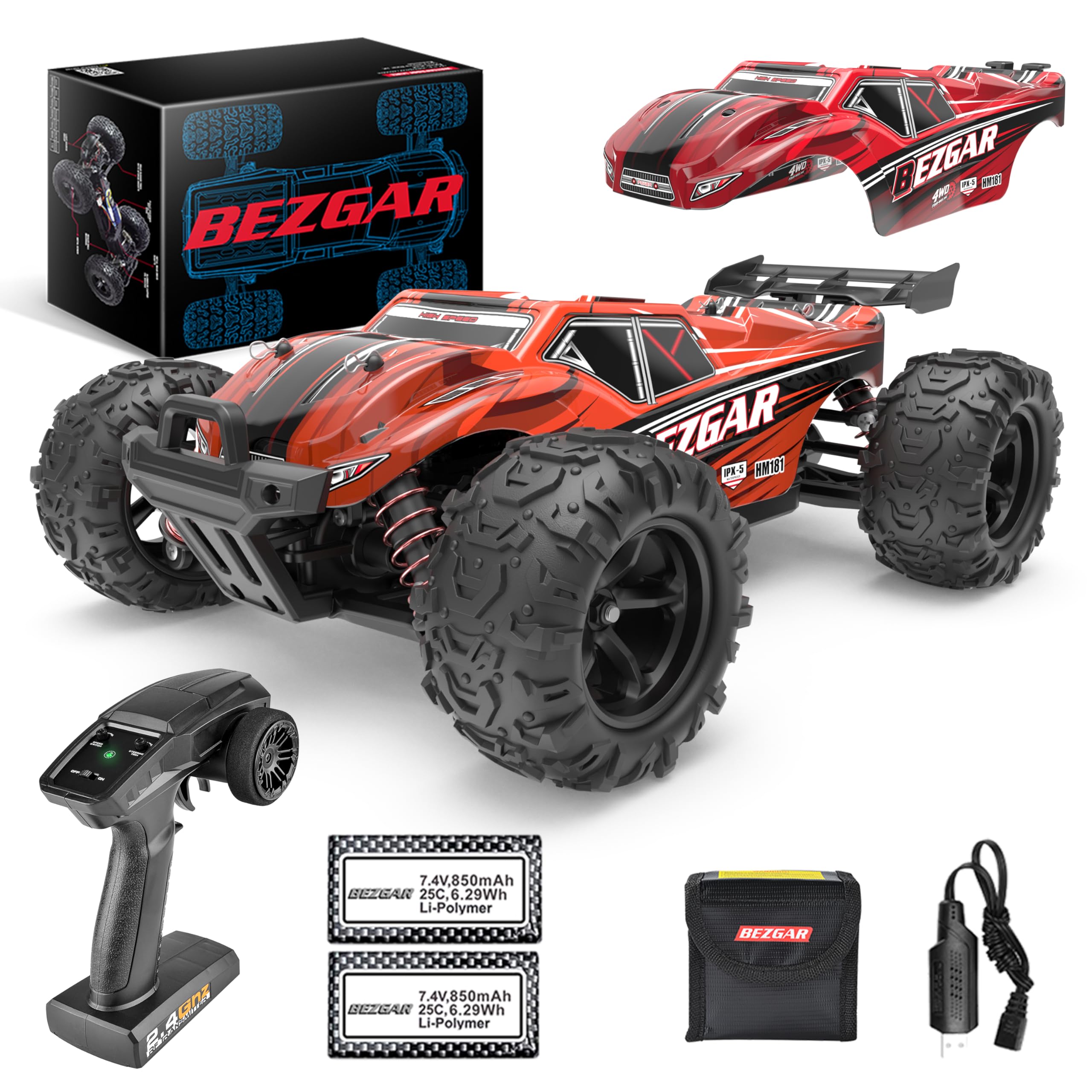 BEZGAR HM181 Hobby Grade 1:18 Scale Remote Control Monster Vehicle Trucks - 4WD Top Speed 35 Km/h All Terrains Off Road RC Truck, Waterproof RC Car with 2 Rechargeable Batteries for Kids and Adults