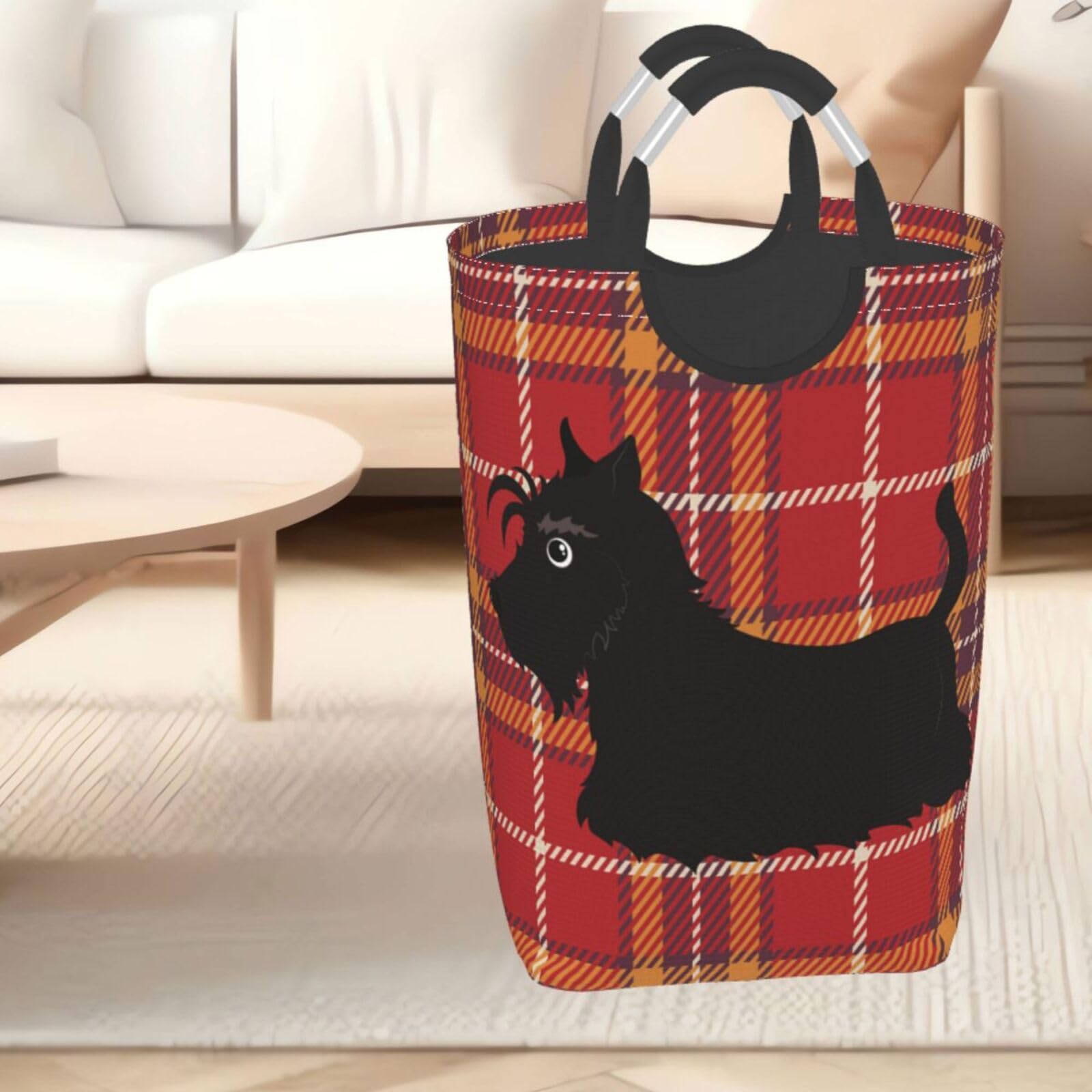 AMABCDET Collapsible Laundry Basket with Aluminum Handle, 50L Large Capacity Waterproof Red Plaid Black Scottish Terrier Pattern Dirty Clothes Hamper for Bedroom Bathroom Living Room