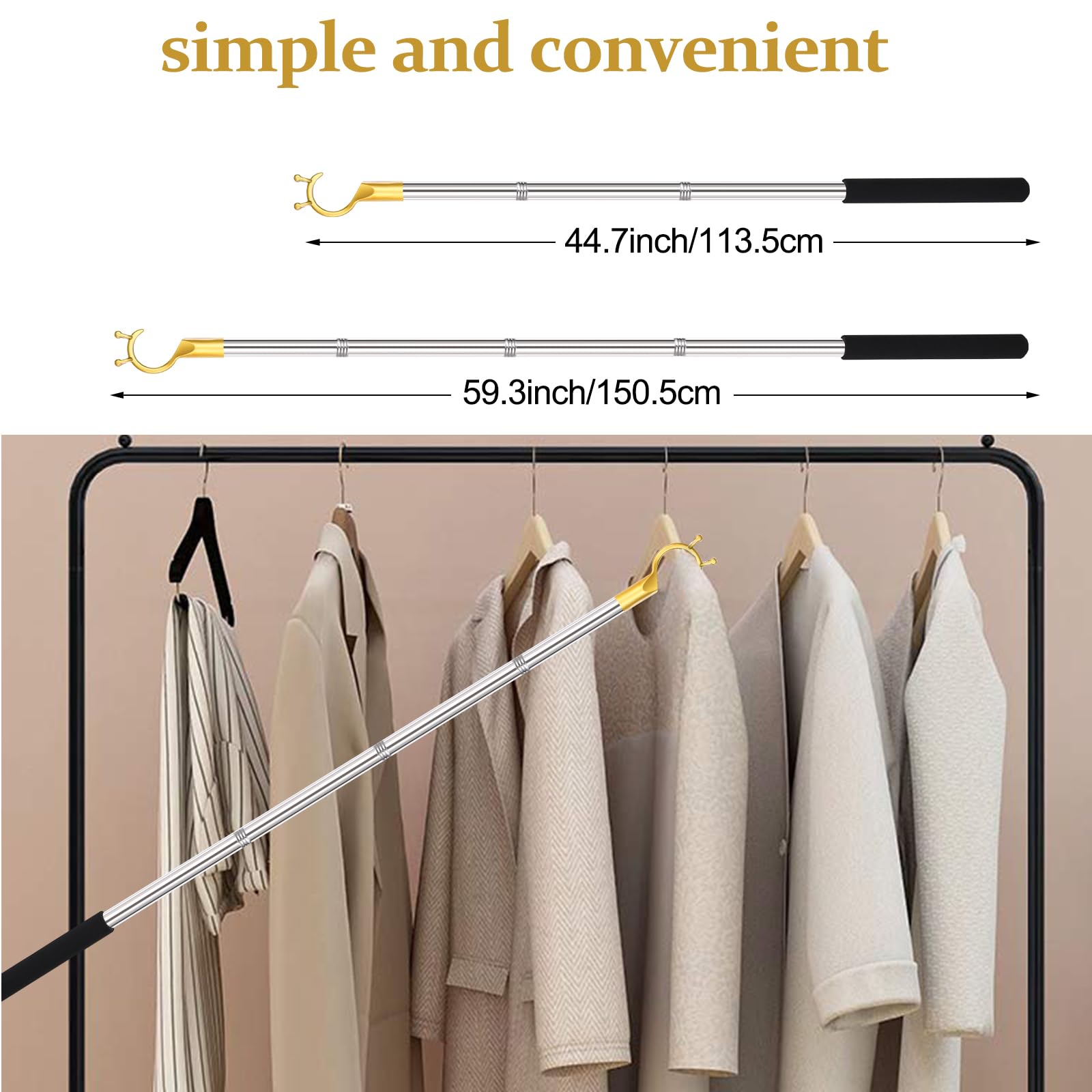 Cagaloi clothes hook pole,56inch adjustable extension pole.High Reach Garment Hook for Hanging Clothes Light and Plants Made of stainless steel, the pole is strong yet lightweight with a sponge handle
