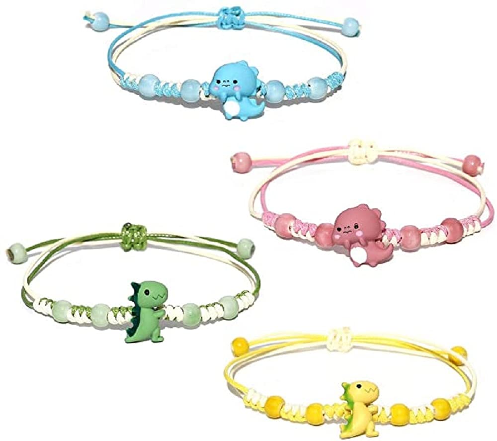 4 Pcs Cute Dinosaurs Bracelets Set Multicolor Luck String Rope Chain Cord Thread Braided Bracelet Colorful Dinosaur Beaded Bracelet Good Protection Friendship Wish Bracelet Jewelry for Women