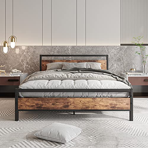 HOJINLINERO Queen Bed Frame with Headboard,Metal Platform Bed Frame Queen with Headboard,Mattress Foundation,No Box Spring Needed Under Bed Storage Industrial Steel Slats,Blackā¦