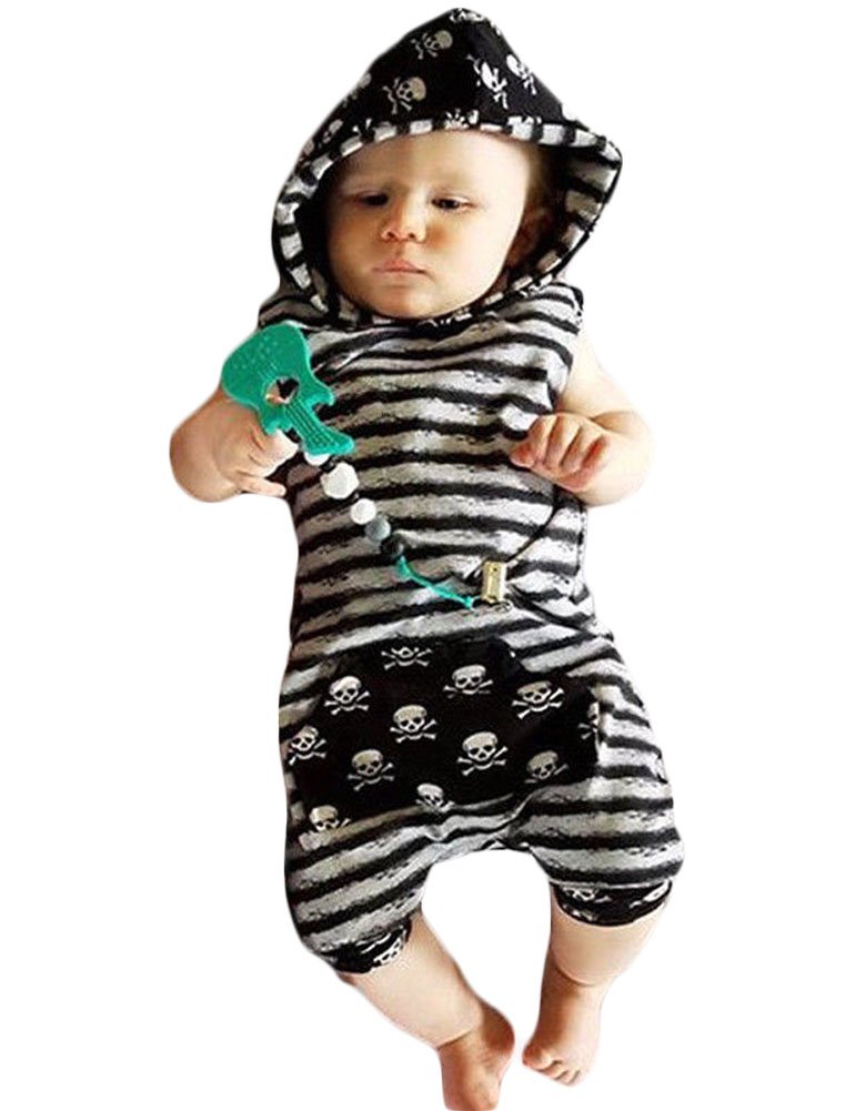 Xiaodriceee Newborn Baby Hooded Romper Boy Girl Sleeveless Striped Skull Jumpsuit Outfit Clothes 0-6 Months