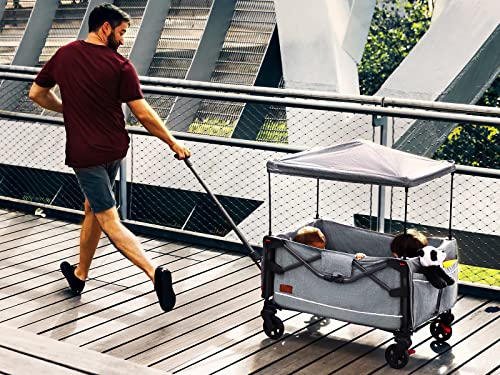 EVER ADVANCED Foldable into Bag Travel Wagon Stroller for 2 Kids & Cargo, Collapsible Toddler Wagon with Removable Canopy, Adjustable 5-Point Harness, Lightweight Carry-on Stroller for Airplane Grey