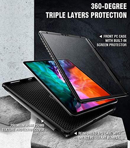 Poetic Explorer Series Designed for iPad Pro 12.9 2020 & 2018 Case, Full Body Triple Layers Tough 360 Degree Stand Folio Cover case with Built-in Screen Protector and Pencil Holder, Black