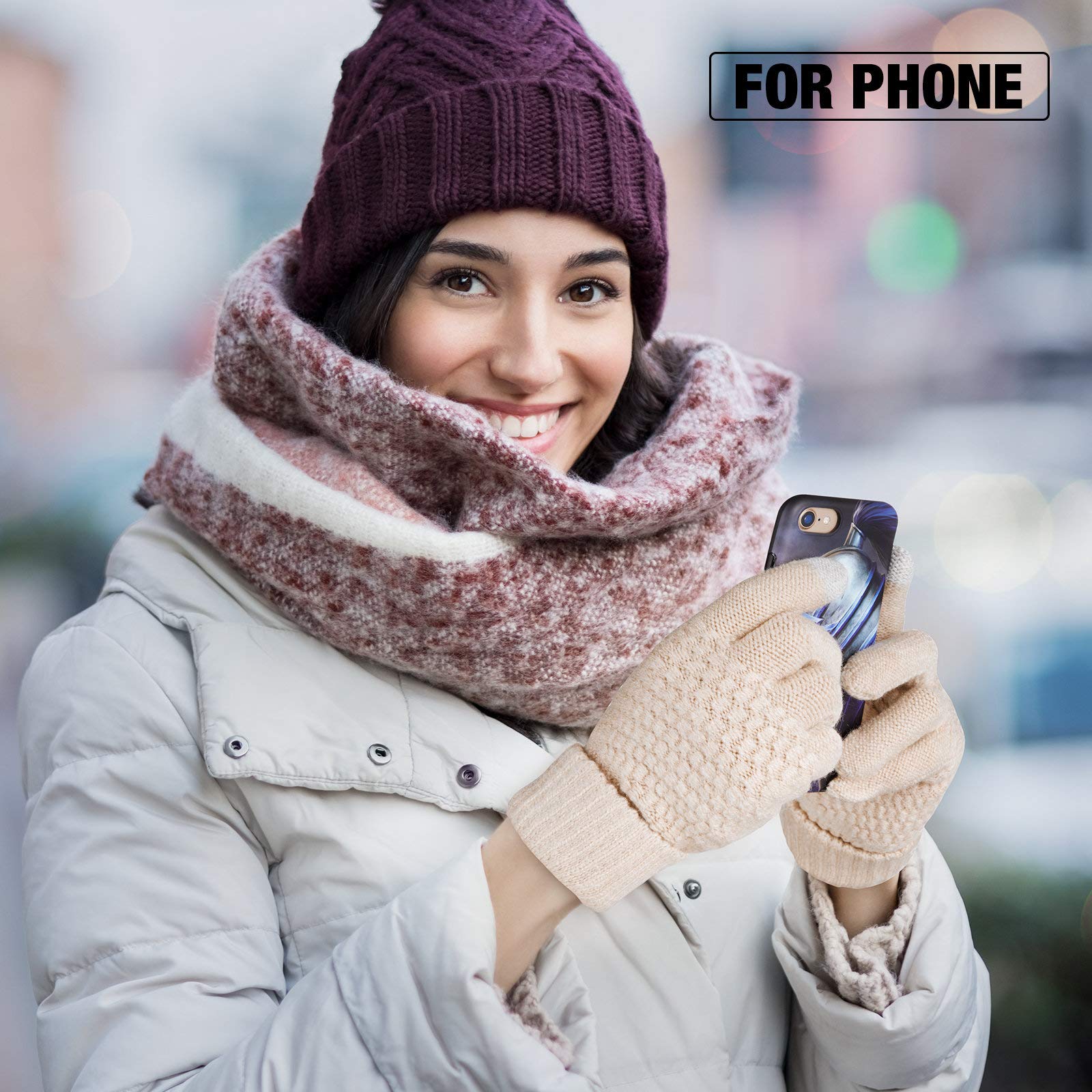 4 Pairs Women's Winter Touch Screen Gloves Warm Fleece Lined Knit Gloves Elastic Cuff Winter Texting Gloves (Black, Gray, Pink, Beige)