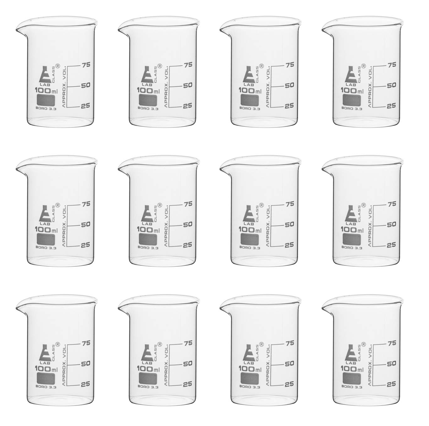 EISCO 12PK Beakers, 100ml - Low Form with Spout - White, 25ml Graduations - Borosilicate 3.3 Glass