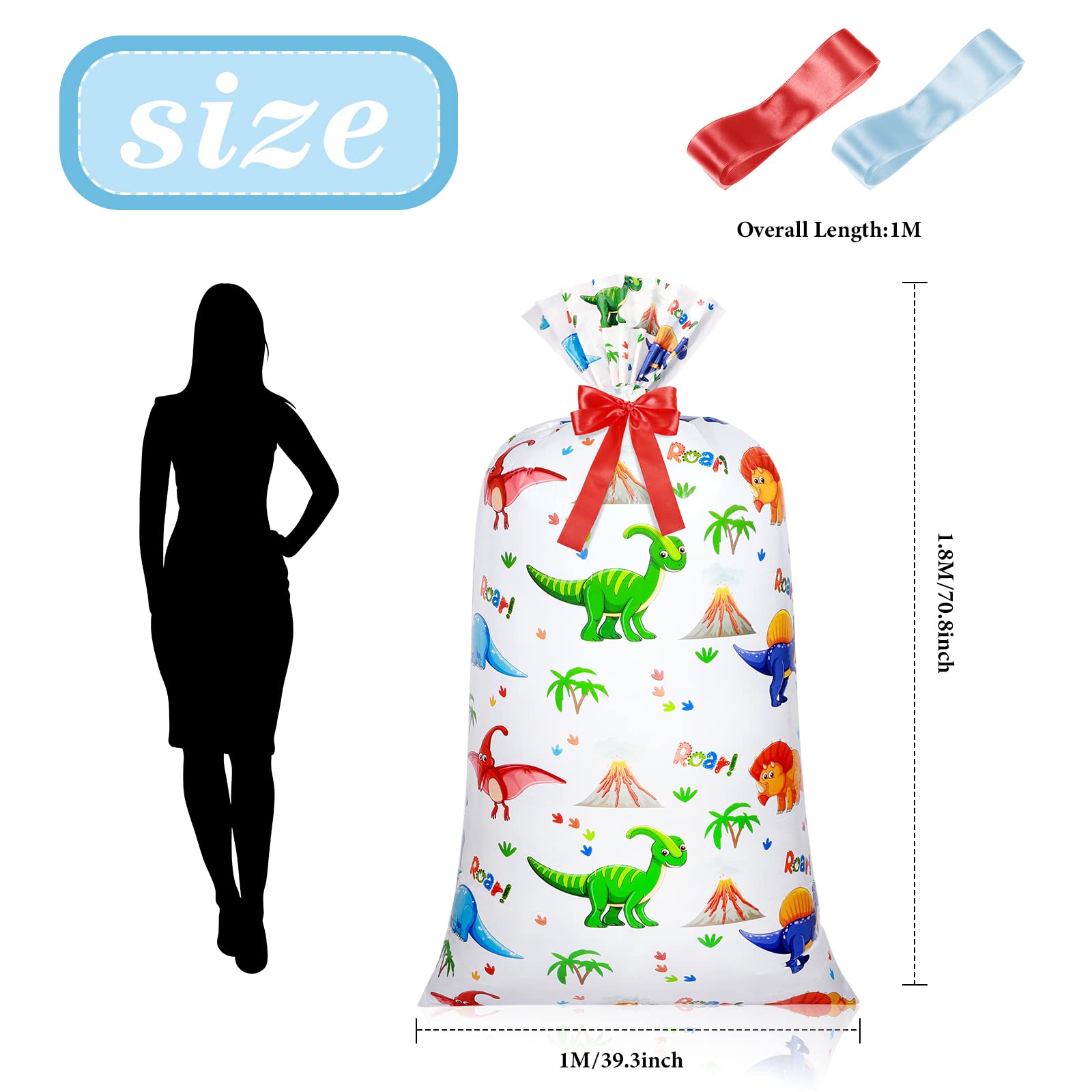 Teling 2 Pcs 70 x 40 Extra Large Jumbo Gift Bag for Giant Gifts, Extra Big Plastic Present Bag for Huge Gifts Wrapping Bags with 2 Rolls Ribbons for Birthday Party(Dinosaur Style)