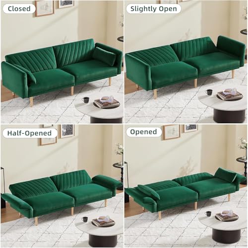 78''Futon Sofa Bed, Velvet Sofa Bed, Convertible Sleeper Bed with Adjustable Armrests and Backrest, Modern Sofa, Loveseat Sleeper with 2 Pillows, Small Futon Couch for Living Room (Matcha Green)