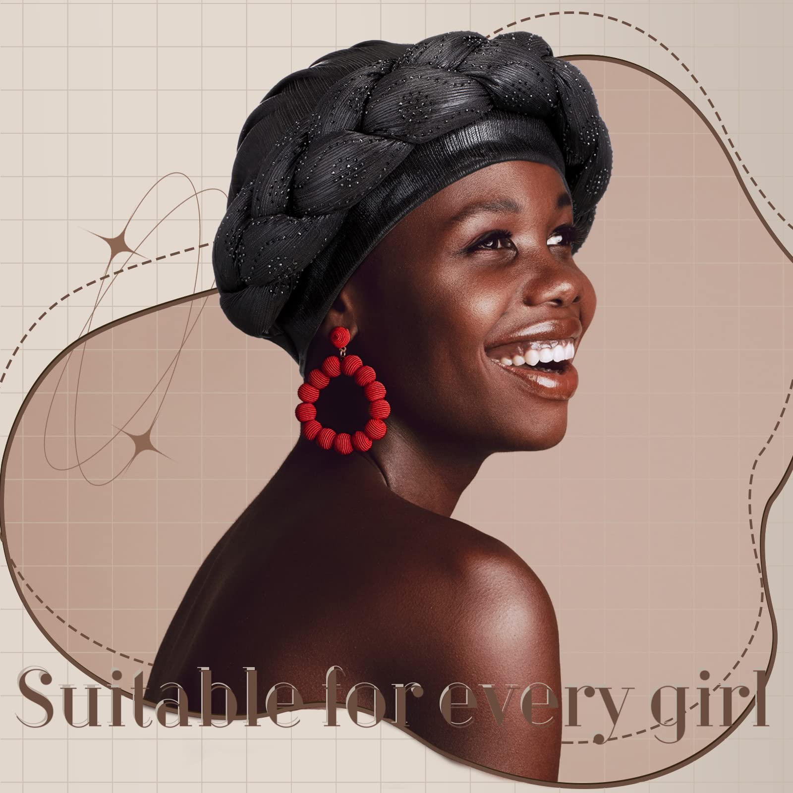 4 Pcs African Turban Head Wrap for Women and Girls Braid Crystals Head Turbans Soft Twisted Wrap Caps for Women, Medium (Red, Black, Gold, Silver)