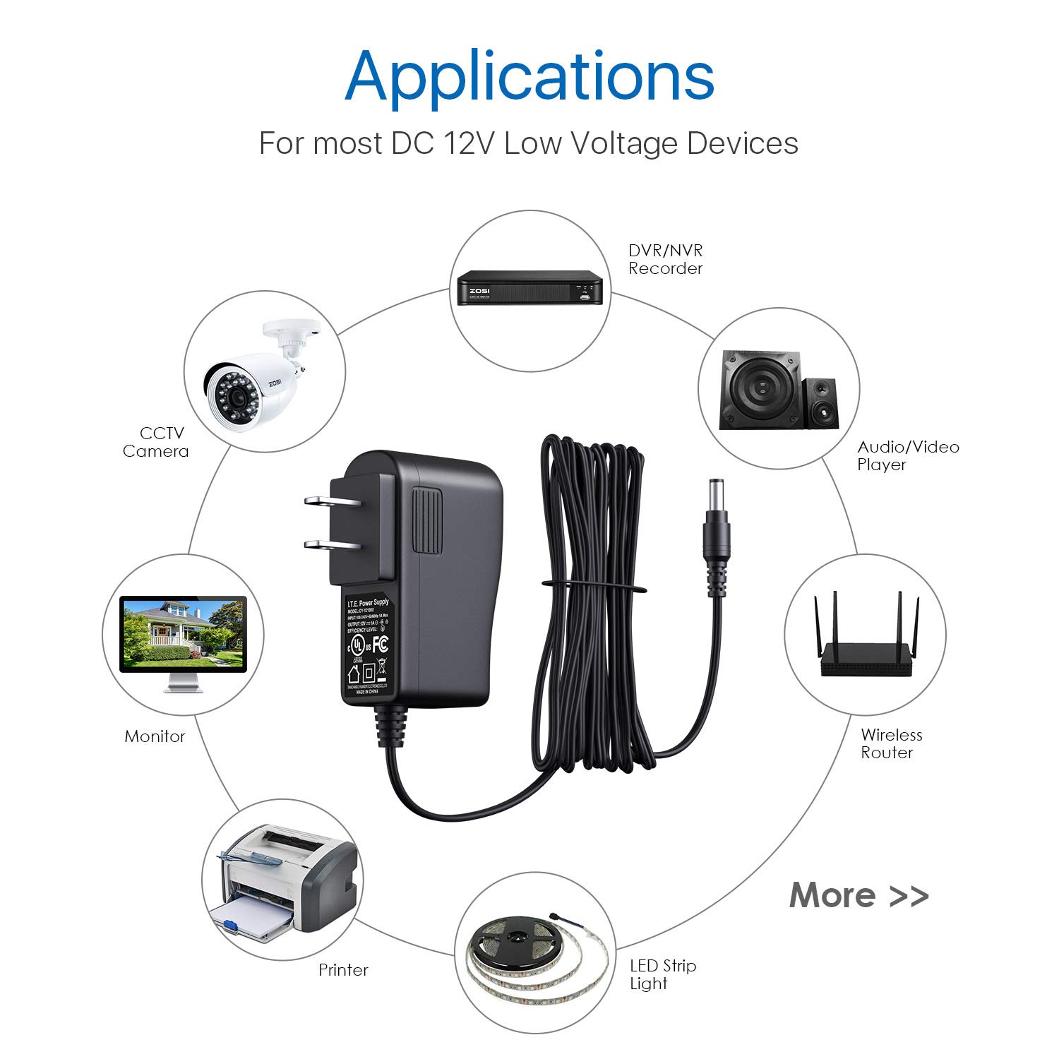 ZOSI 3ft AC 100-240V to DC 12V 1A 1000mAvPower Supply Adapter for CCTV Security Surveillance Camera DVR NVR System, LED Strip, Wireless Router, Switch and More