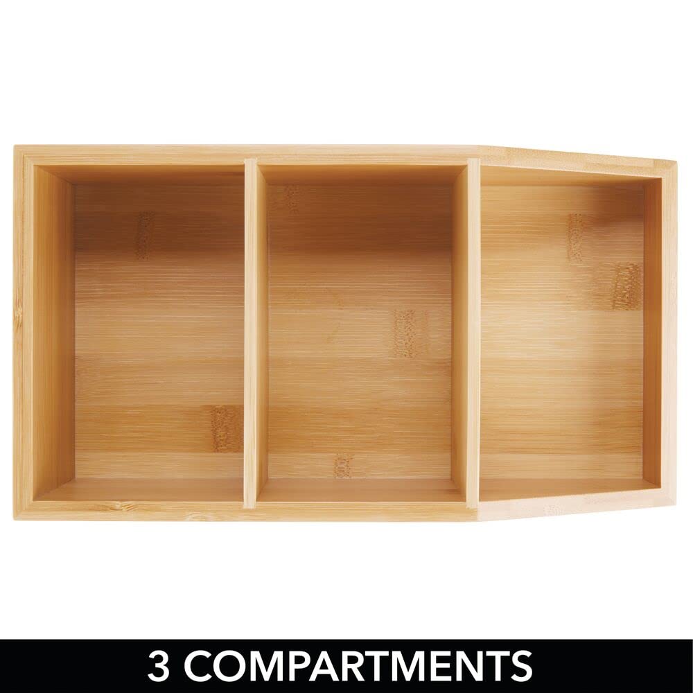 mDesign Bamboo Wood Food Storage Bin with Divided 3 Compartments and Sloped Front for Kitchen Cabinet, Pantry, Shelf to Organize Seasoning Packets, Powder Mixes, Spices, Snacks - 2 Pack - Natural