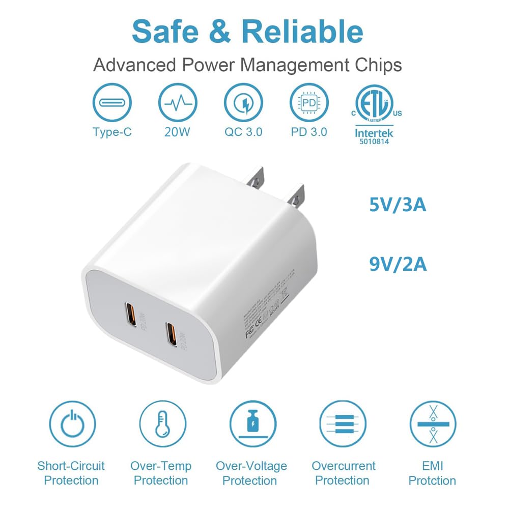 2 Pack 20W Dual USB C Fast Charger Block Power Adapter Type C Wall Charging Compatible with iPhone 15/14/13/12/11/X/XS Pro Max Samsung S23/S21/S20 Android Phone