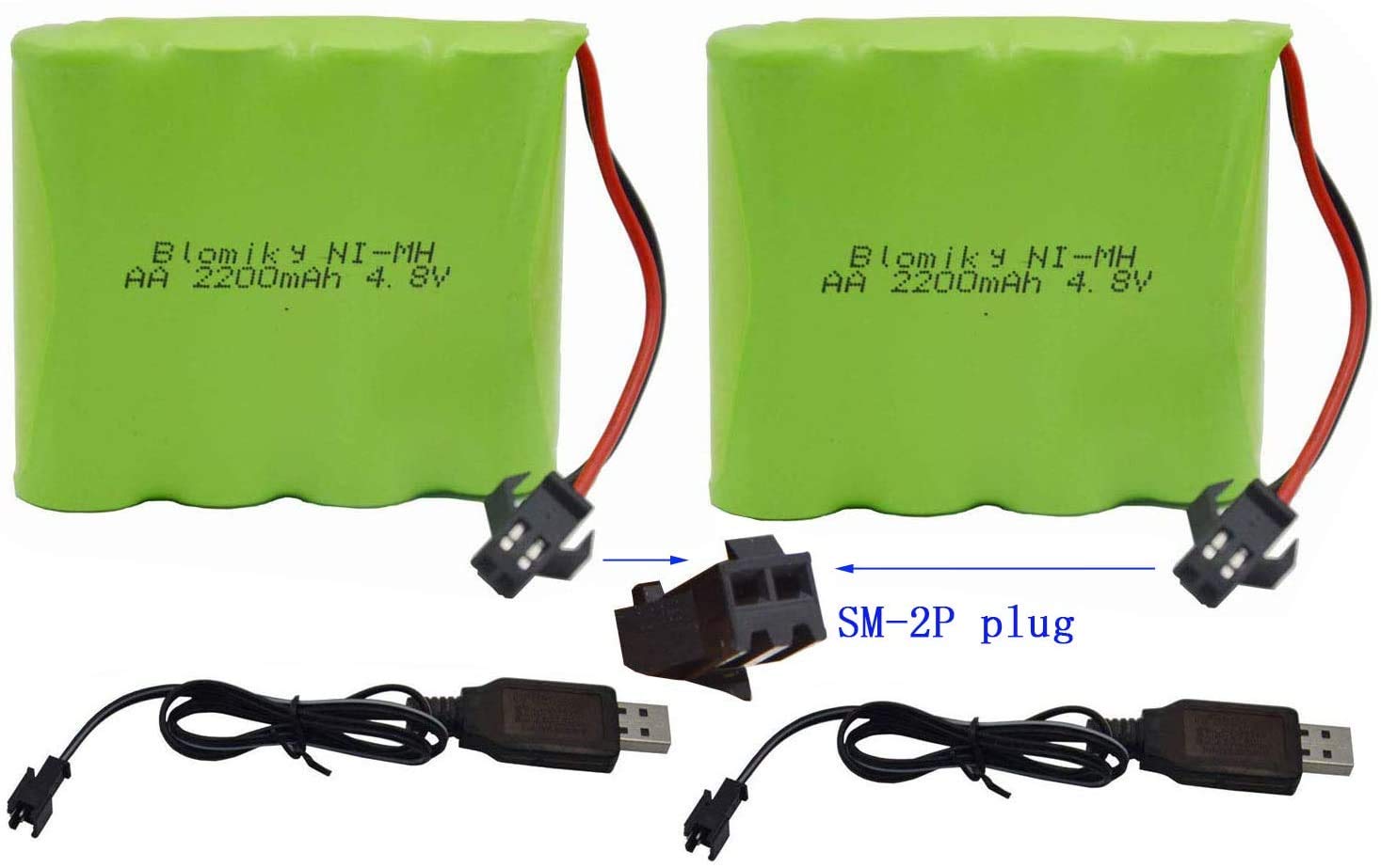 Blomiky 2 Pack 4.8V 2200mAH AA NiMH Rechargeable Battery with SM-2P Plug and USB Charger Cable for SY-E511 RC Excavator RC Truck Toy 4.8V 2200mAh NiMH Battery 2
