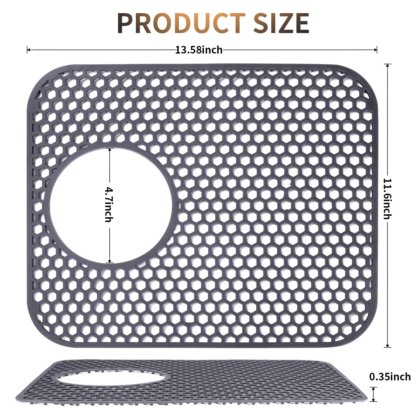 Silicone Kitchen Sink Mats 2Pcs, Large Sink Protectors for Kitchen Sink, 13.58*11.6" Dish drying mat for Bottom of Stainless Steel Sink, Rear Drain Non-Slip Heat Resistant Sink Protector Mat(Gray) (2)