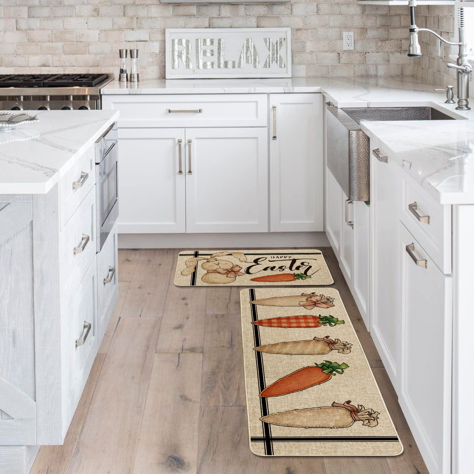 Artoid Mode French Stripes Bunny Doll Carrots Easter Kitchen Mats Set of 2, Home Decor Low-Profile Kitchen Rugs for Floor - 17x29 and 17x47 Inch