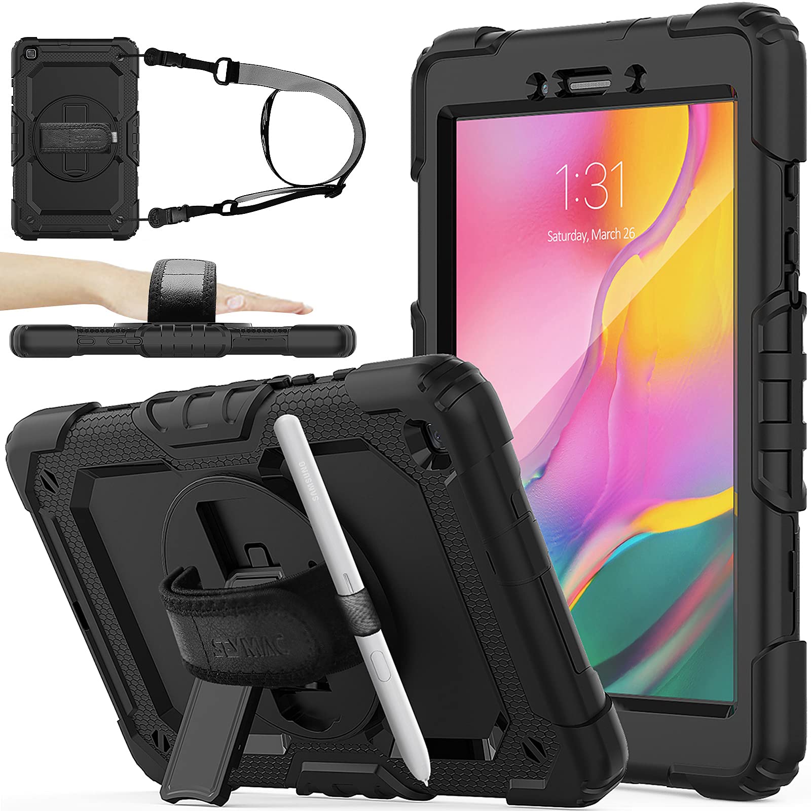 SEYMAC stock Case for Samsung Galaxy Tab A 8.0'' 2019 (SM-T290/295/297) - Black, Solid Pattern, Screen Protector, Drop-Proof, Polycarbonate Material