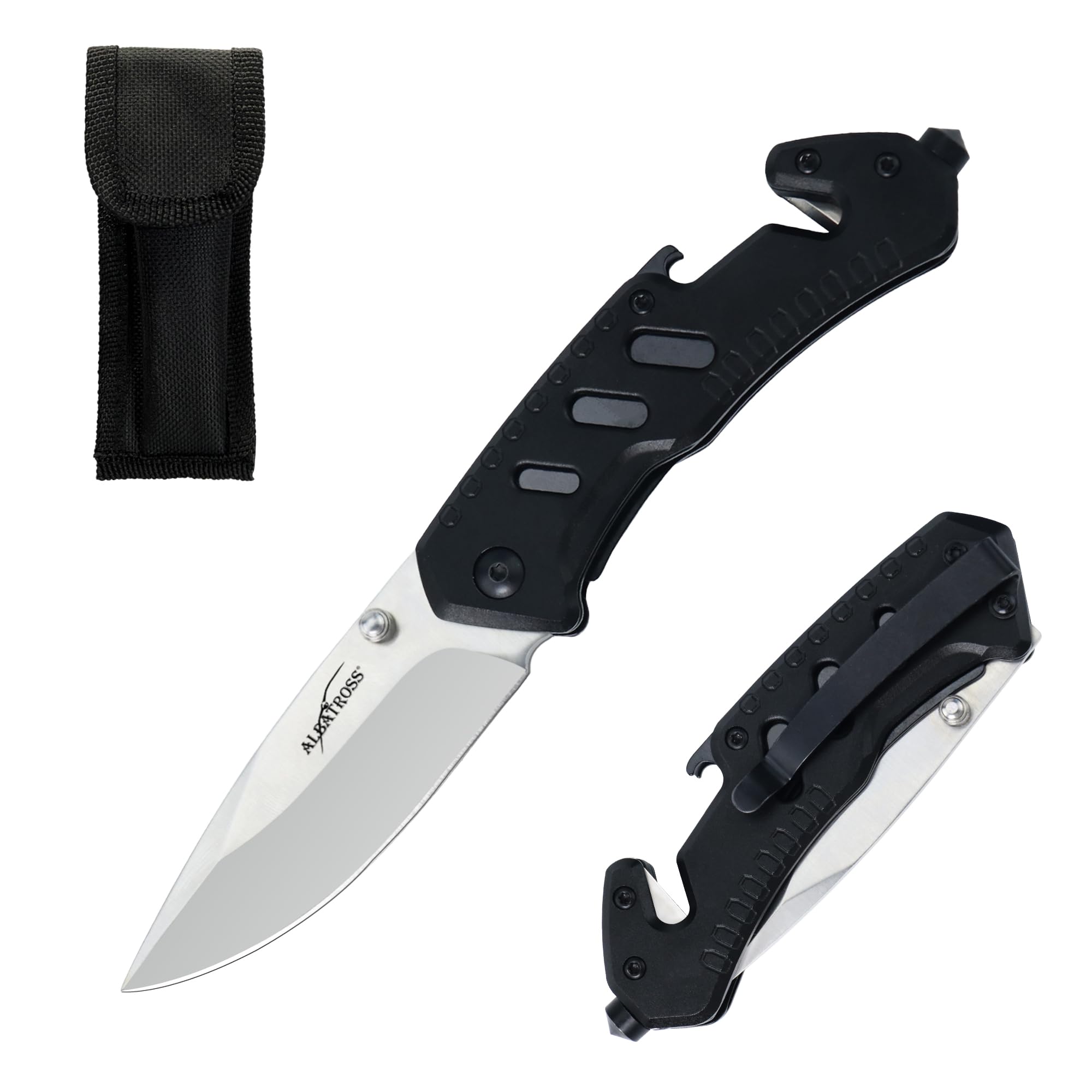 ALBATROSS Classic Multifunction Pocket Folding Knife with Bottle Opener、Glass Hammer and Rope Cutter, Satin Coated Blade and Aluminum Handle,AS-23265 (Black)