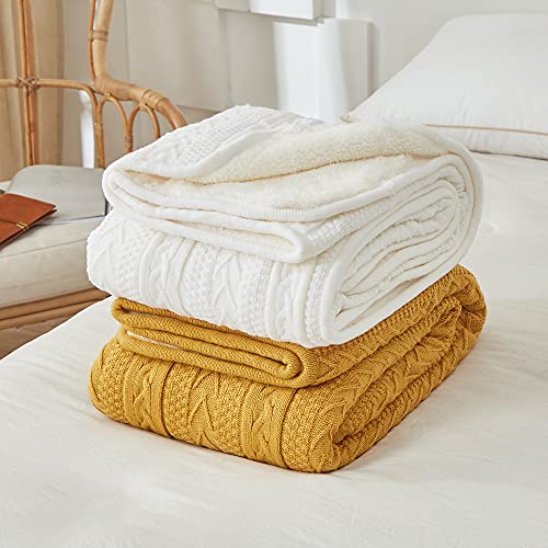Longhui bedding Acrylic Cable Knit Sherpa Throw Blanket β Thick, Soft, Big, Cozy Ivory White Knitted Fleece Blankets for Couch, Sofa, Bed β Large 50 x 63 Inches Ivory White Coverlet All Season