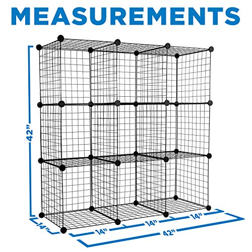 Work-It! Wire Storage Cubes, 9-Cube Metal Grid Organizer | Modular Wire Shelving Units, Stackable Bookcase, DIY Closet Cabinet Organizer for Home, Office, Kids Room | 14" W x 14" H, Black