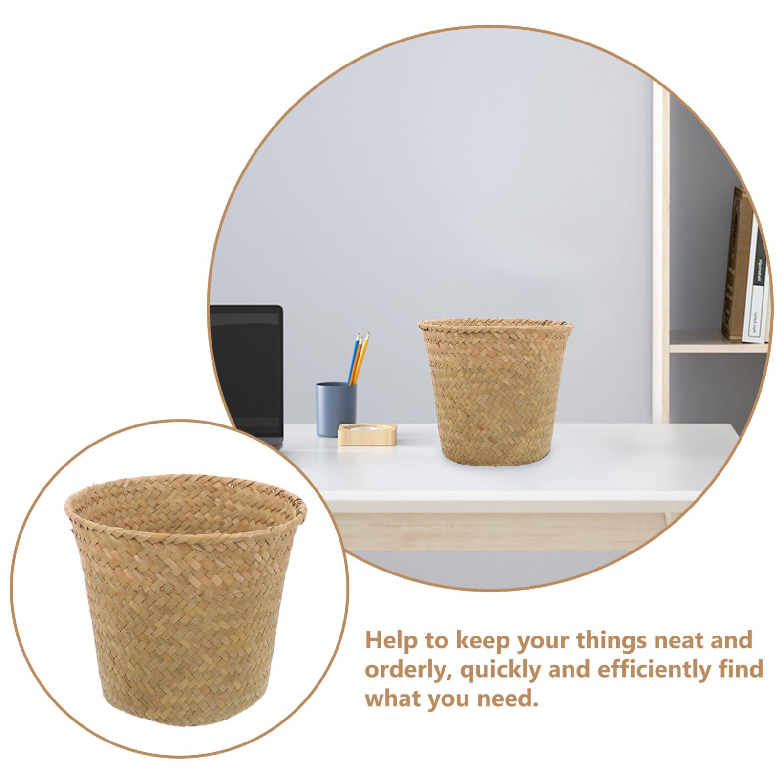ABOOFAN Wicker Waste Basket Woven Trash Can Boho Recycle Garbage Container Bin Laundry Hamper Plant Flower Pot Storage Basket for Bathroom Kitchen Office