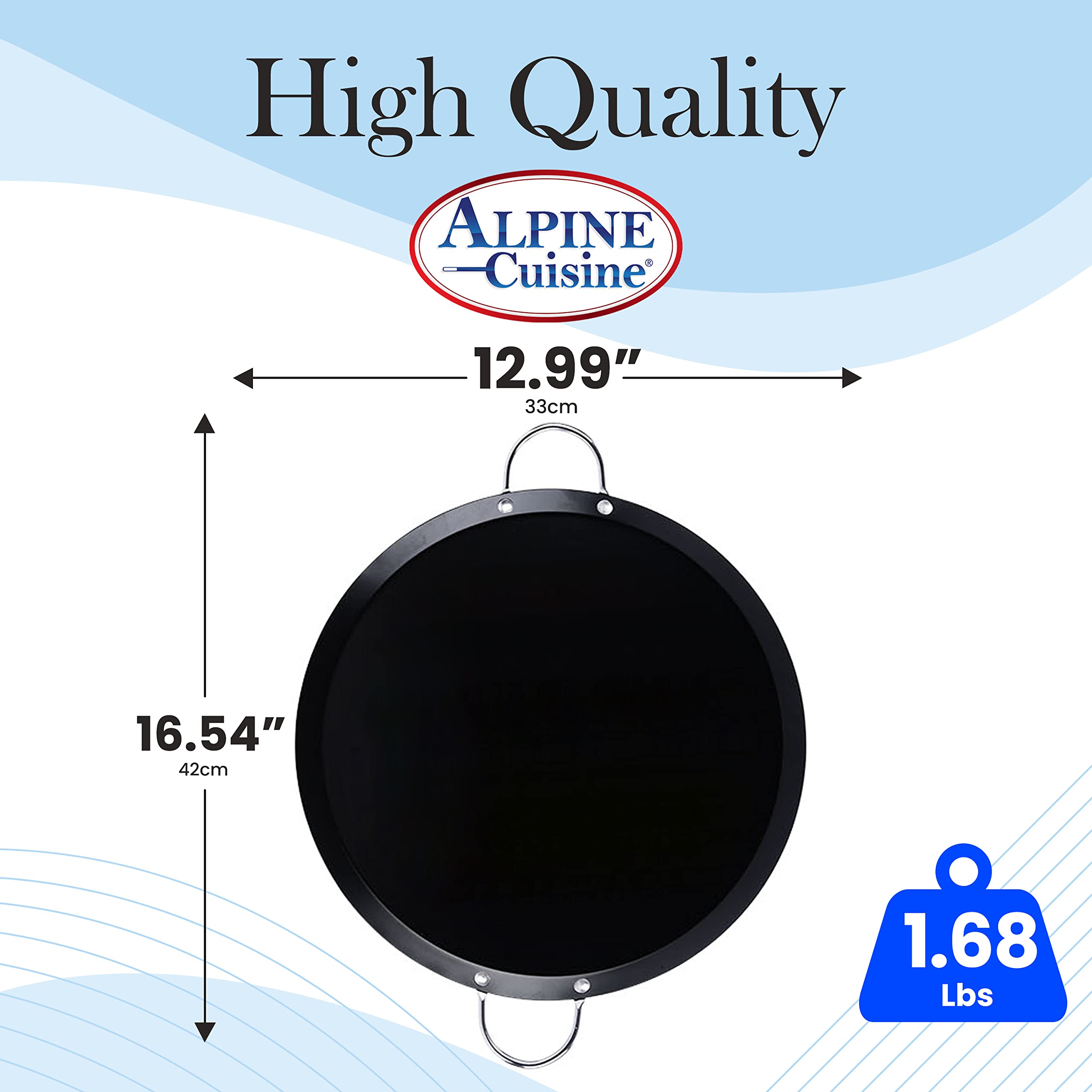 Alpine Cuisine Nonstick Round Paella Pan, 13-Inch, Black Carbon Steel, Oven Safe, Non-Magnetic