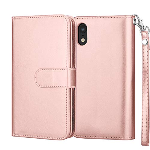 NJJEX Wallet Case for iPhone XR, for iPhone XR Case, PU Leather [9 Card Slots] ID Credit Holder Folio Flip Cover [Detachable][Kickstand] Magnetic Phone Case & Lanyard for iPhone XR 6.1" [Rose Gold]