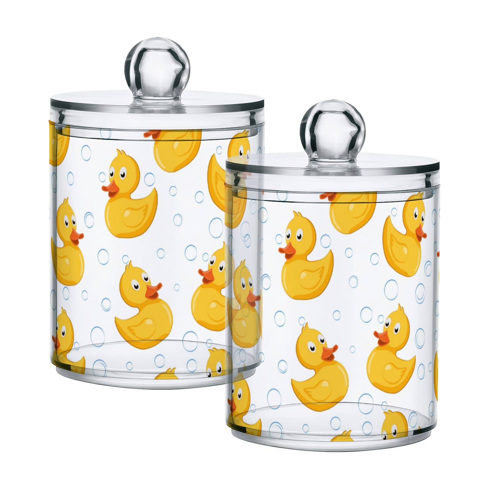 DOMIKING Rubber Duck 2 Pack Cotton Swab Holder Dispensers Plastic Jar Bathroom Storage Canister Acrylic Containers for Floss Makeup Sponges Cotton Ball