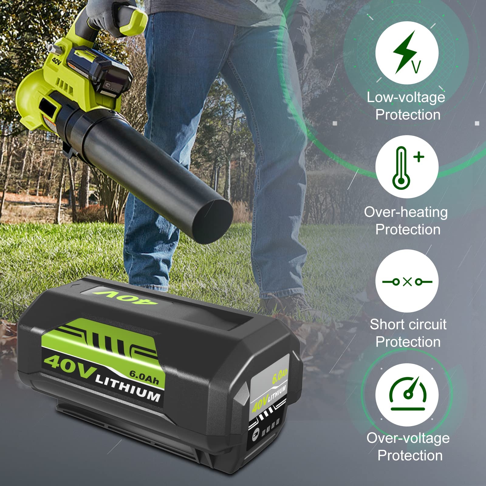 6000mAh OP4026 40 Volt Lithium Replacement Battery Compatible with Ryobi 40V Battery OP4050A OP40601 OP4040 OP4030 OP4050 OP40261 OP40201 OP40401 Cordless Tools with LED Indicator (Green) (2 PACK)