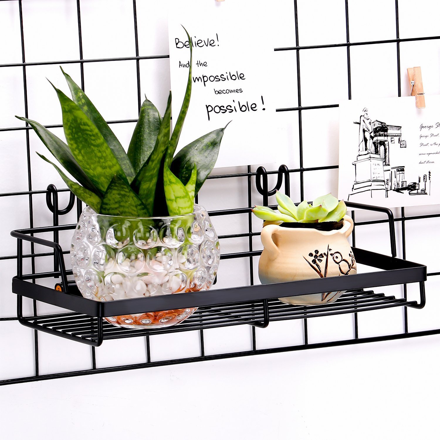 Kaforise Hanging Basket for Wire Wall Grid Panel, Multi-Function Wall Storage and Display Basket, Small Size, Black Painted