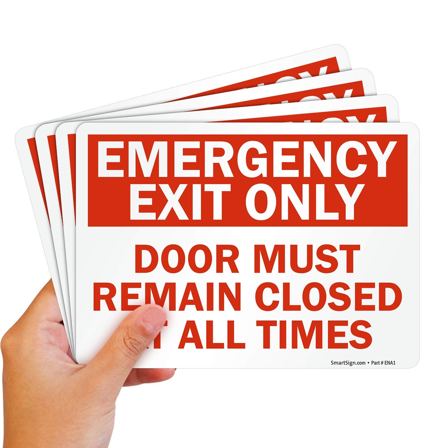 SmartSign (Pack of 4) 5 x7 inch “Emergency Exit Only - Door Must Remain Closed at All Times” Sticker Labels, 5 mil Laminated Polyester with SuperStick Adhesive, Red and White, Made in USA