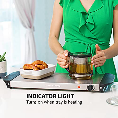 Ovente Electric Warming Tray with Adjustable Temperature Control, Stainless Steel Frame & Cool-Touch Handles, Compact Food Warmer Perfect for Buffets Parties Events Dinners and Holidays, Silver FW170S