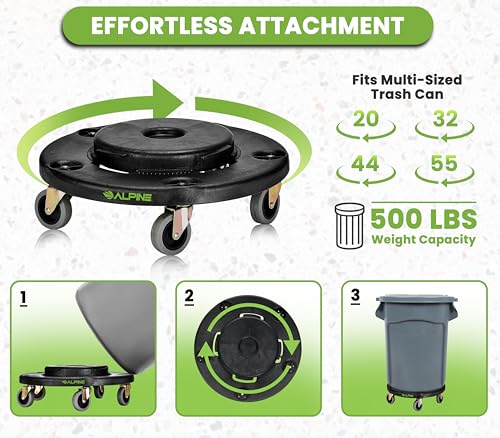 Alpine Rolling Brute Trash Can Dolly - Trash Can Dolly with Wheels/Trash Can Roller Base for Round 20, 32, 44, or 55 Gallon Garbage Bins, Heavy Duty Holds Up to 500lbs (Black)