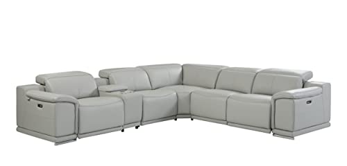 Blackjack Furniture Venice 6 Piece Sectional Sofa with 3-Power Recliners, Features Adjustable Headrest, Lumbar Support, USB and Wireless Charging Station, Extra Large Storage, 1 Console, Light Grey
