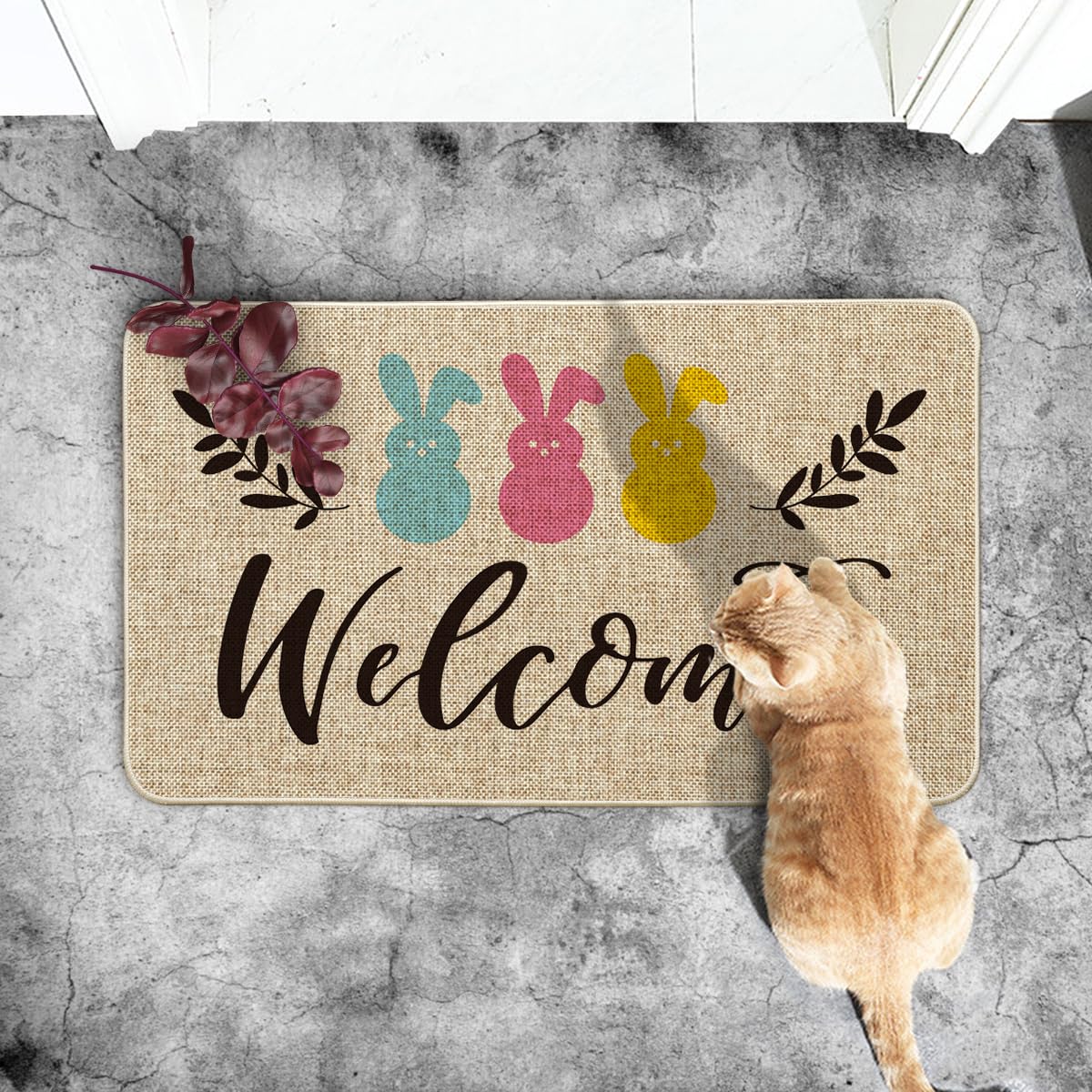 Artoid Mode Welcome Easter Rabbits Decorative Doormat, Seasonal Spring Easter Holiday Low-Profile Floor Mat Switch Mat for Indoor Outdoor 17 x 29 Inch