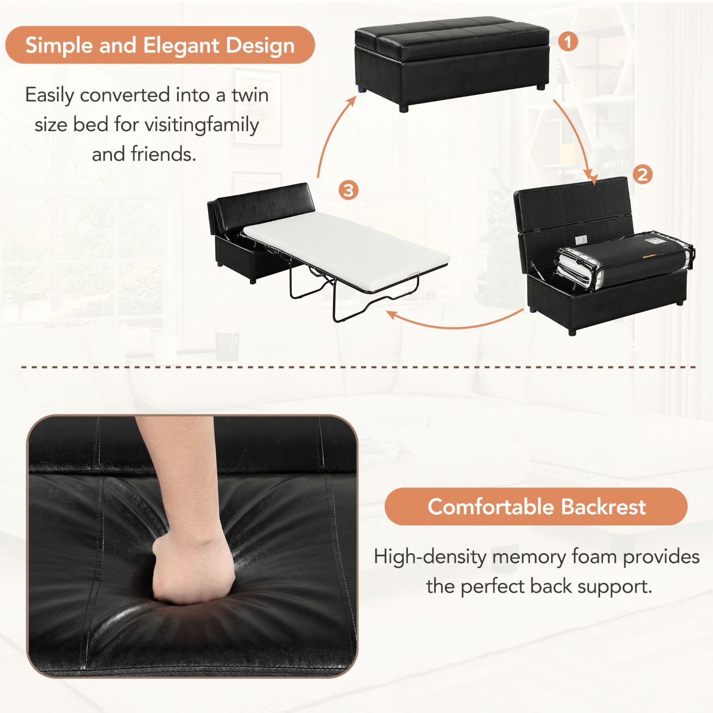 Elountik Ottoman Folding Bed,Fold Out Sleeper Bed with Mattress, Convertible Guest Sofa Bed, Twin Size Couch Sleeper for Living Room Bedroom Office (Black, PU)