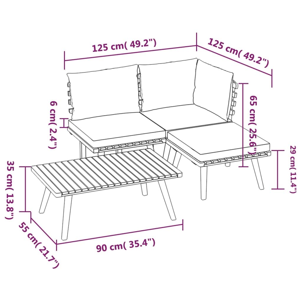 vidaXL Patio Lounge Set 4 Piece, Sectional Sofa for Outdoor Backyard, Couch with Cushions, Patio Furniture Set with Table, Solid Wood Acacia