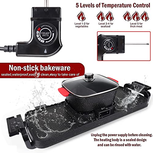 Barbecue Hot Pot 2 In 1, Indoor Korean BBQ, Dual Control Shabu Shabu, Hot Pot with Grill, Multifunction Smoke Free Stove Portable with Free Spoons, Brushes, Pliers, Strainer Scoops 110v.