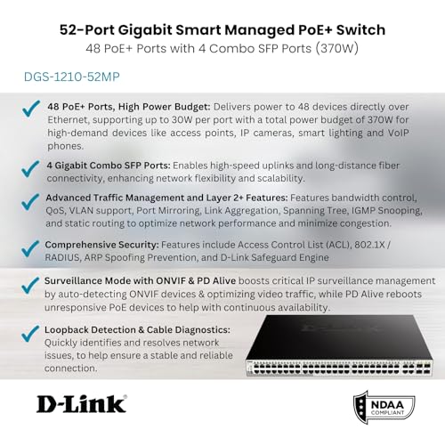 D-Link 52-Port Gigabit Smart Managed PoE+ Switch | 48 PoE+ Ports (370W) + 4 Combo SFP Ports| L2+ |VLANs |Web Managed |Surveillance Mode | Rackmount | NDAA Compliant | Lifetime Warranty (DGS-1210-52MP)